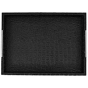 American Atelier Alligator Leather Serving Tray with Metal Handles, Black Large