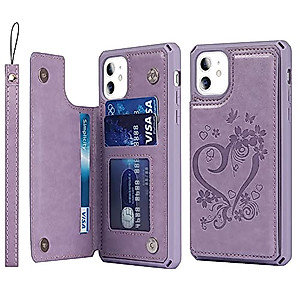 Jaorty for iPhone 11 Wallet Case with RFID Blocking Card Holder for Girls Women,Premium PU Leather Magnetic Buttons Stand Flip Wrist Strap Case for iPhone 11 6.1 Inch,Heart Purple
