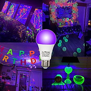 LEMENG LED Black Lights Bulb 9W Blacklight A19(75Watt Equivalent), E26 Medium Base 120V, UVA Level 395-400nm, Glow in The Dark for Blacklights Party, Body Paint, Fluorescent Poster- 3 Pack
