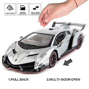 WAKAKAC Diecast Car for Lambo Veneno Model Car 1/24 Scale Sports Toy Vehicle Door Can be Opened Toy Car Front Wheel Steerable (Gray)