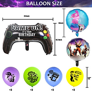 Gamer Birthday Decorations for boys 142 pcs Video Game Party Supplies - include Balloons, Party Favors Bags, Flatware, Spoons, Plates, Cups, Table Cover, Cake Topper, Bracelets, Button Pins, Banner