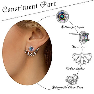 ChicSilver Hypoallergenic Ear Jacket Stud Lotus Flower Earrings for Women, 925 Sterling Silver Colorful Topaz Front/Back Stud Earrings for Sensitive Ear Dainty Fashion Jewelry
