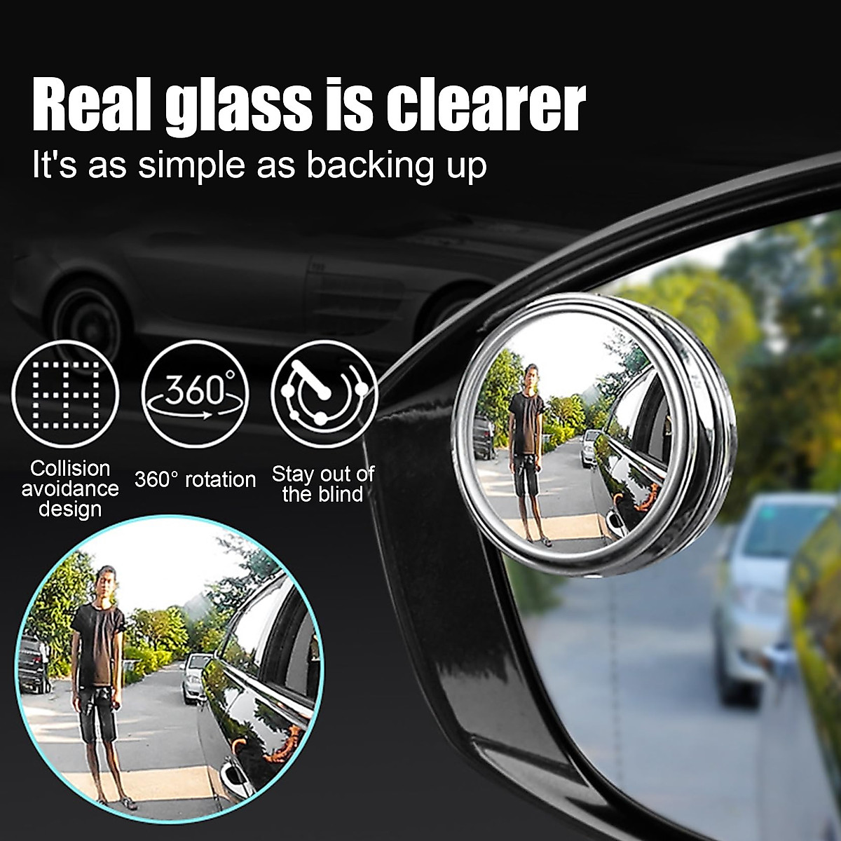 Yumfugu 2 PCS Car Reversing Auxiliary Blind Spot Mirror, 360° Rotating Push-type Hgh-definition Crystal Glass Rear View Small Round Mirror, Expand Vision Frameless Accessory, for Most Models (Black)