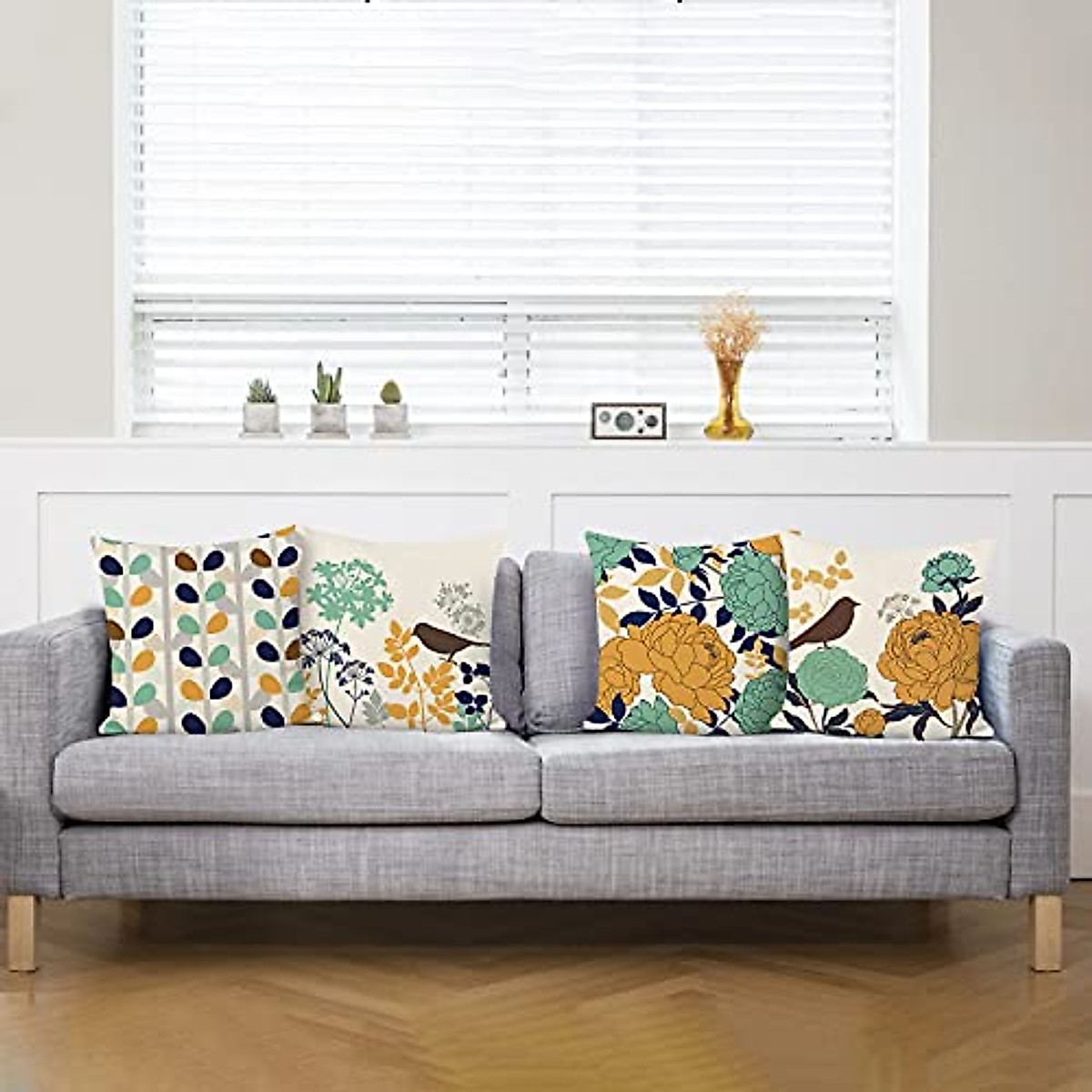 Bonhause Flower Bird Spring Throw Pillow Covers 18 x 18 Inch Set of 4 Blue and Yellow Floral Decorative Pillows Case Polyester Linen Outdoor Cushion Covers for Sofa Couch Garden Home Decor