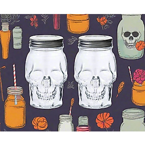 DURA LIVING Set of 2 Skull Mason Jar Glasses with Lids | 16oz Reusable Halloween Drinking Glasses | Unique Skull Décor, Storage, & Canning Jars for Parties & Gifts