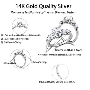 DovEggs 1.5ct Center 6X8mm G-H-I Color Oval Cut Moissanite Engagement Ring with Accents 14k Gold Quality Silver Engagement Ring for Women Band Width 2.1mm (6)