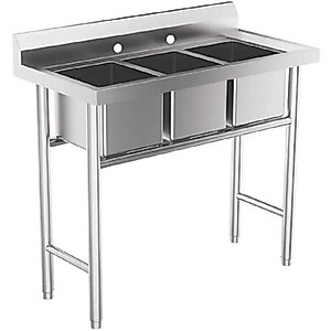 Florchest Standing Three Bowl Kitchen Sink Set, 3 Compartment Commercial Kitchen Sink Stainless Steel/Garage Prep & Utility Sink for Restaurants Kitchen, Laundry Room,Outdoor