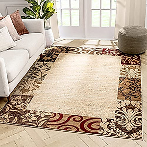 Verdant Vines Beige Modern Damask Border Rug 3x5 4x6 (3'11" x 5'3") Casual Oriental Easy Clean Stain Fade Resistant Shed Free Contemporary Floral Formal Gradient Soft Living Dining Room Rug