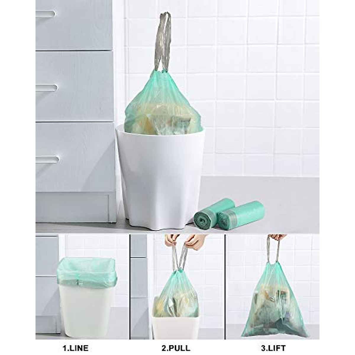 Small Trash Bags, AYOTEE 2 gallon trash bag Drawstring Compostable Trash Bags, 50 Counts Small Garbage Bags Bathroom Trash Bags Compost Bags Waste Basket Liners for Bathroom,Office,Pet,Car (Green)