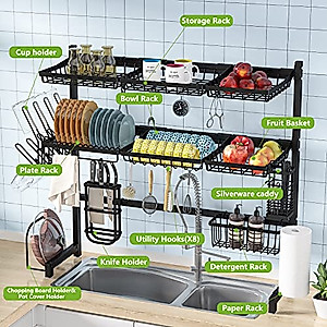 1Easylife Over The Sink Dish Drying Rack, Black 3 Tier Stainless Steel Large Kitchen Dish Rack, Dish Drainers for Home Kitchen Counter Storage, Above Sink Dish Racks Organizer with Utensil Holder