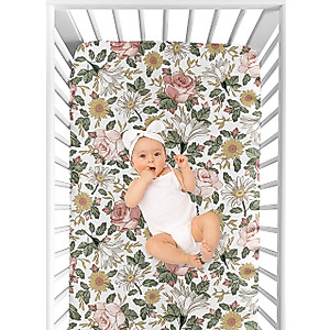 Sweet Jojo Designs Vintage Floral Boho Girl Cotton Fitted Crib Sheet Baby or Toddler Bed Nursery - Blush Pink, Yellow, Green and White Shabby Chic Rose Flower Farmhouse 100% Cotton