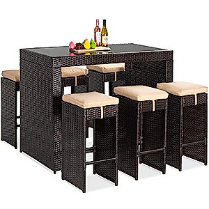 Best Choice Products 7-Piece Outdoor Wicker Bar Dining Set, Rattan Patio Furniture for Backyard, Garden w/Glass Table Top, 6 Stools, Removable Cushions - Brown/Beige