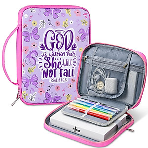 Pink Dino Bible Covers for Women Girls, Large Bible Case with Multiple Zippered Pocket Bible Carrying Bag with Removable Pen Slots for Bible Study,Purple
