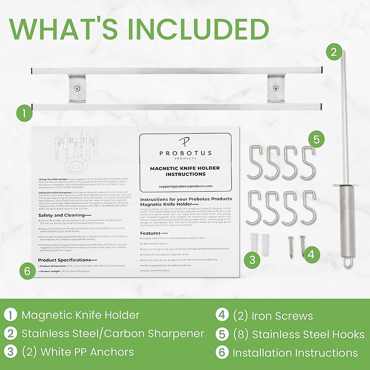 Magnetic Knife Holder Strip for Wall and Kitchen Utensil Holder-16inch Powerful Stainless Steel Magnetic Knife Rack with Hanger Hook Strip Plus Carbon Sharpener