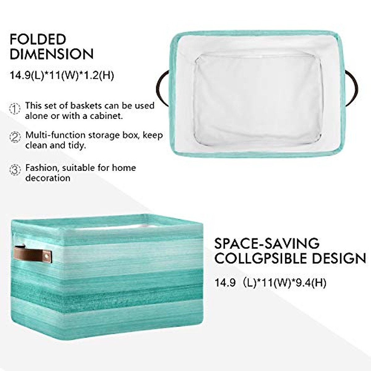 Large Foldable Storage Basket, Teal Turquoise Green Wood Fabric Storage Bin Organizer Bag with Handles 15 x 11 x 9.5 inch