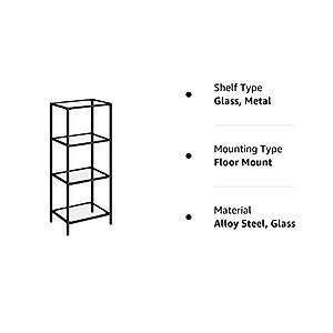 VASAGLE Bookcase, 4-Tier Bookshelf, Slim Shelving Unit for Bedroom, Bathroom, Home Office, Tempered Glass, Steel Frame, Black ULGT028B61