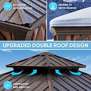 Hardtop Gazebo, Outdoor Aluminum Wood Grain Gazebos with Steel Double Canopy Patic Gazebo, with Netting and Shaded Curtains Permanent Metal Frame Gazebos for Patio, Backyard, Deck, Lawns (12 x 12 FT)