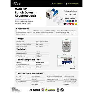 trueCABLE Cat6 Keystone Jack, Unshielded (UTP), 90 Degree Punch-Down, PoE++ (4PPoE) 100W, UL Listed, ETL Verified, ANSI/TIA Certified, Modular RJ45 Female, Black, 48 Pack