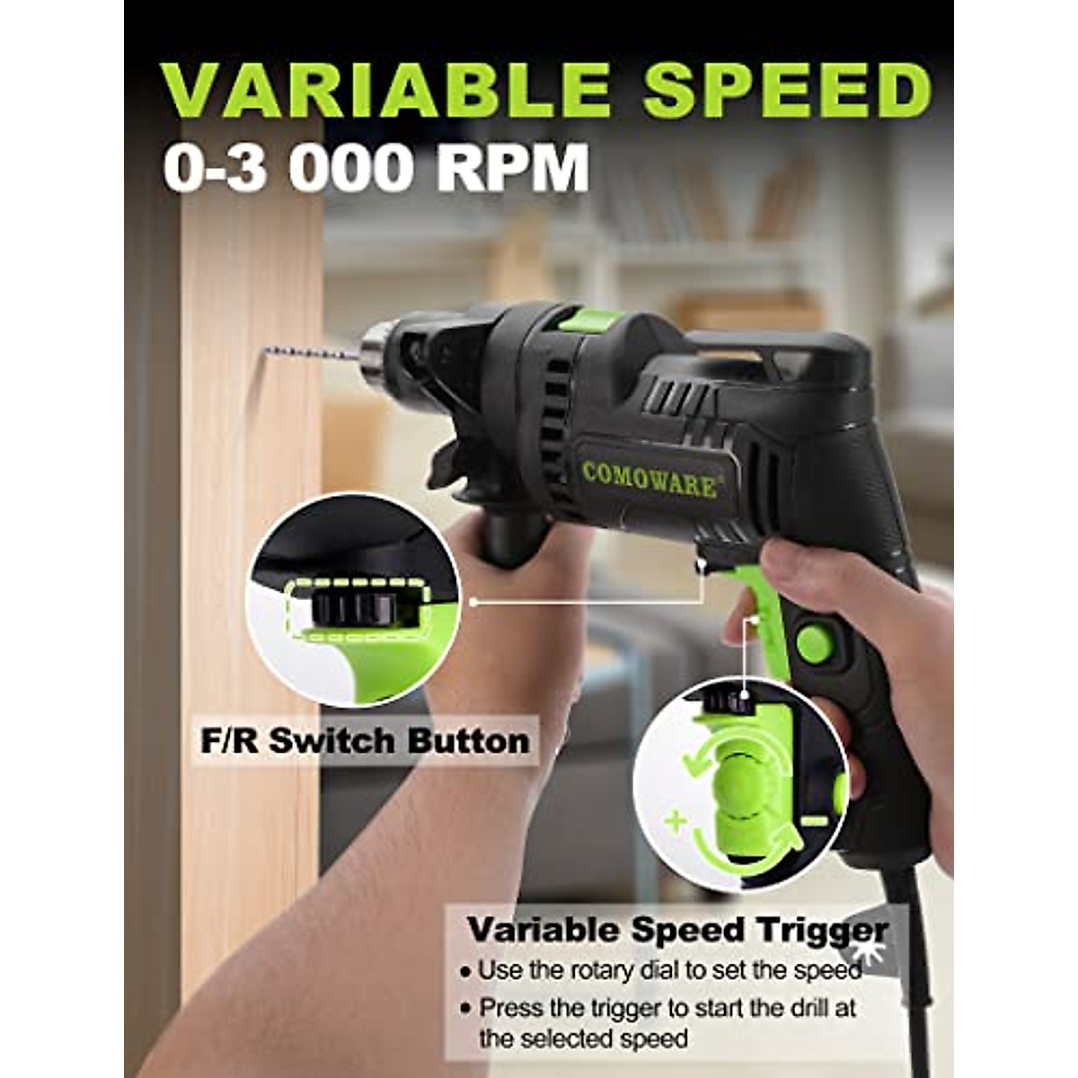 COMOWARE Hammer Drills for Concrete, 1/2 In. Corded Drill, Hammer Drill, Variable Speed 0-3000RPM, Max 48000BPM, Hammer & Drill 2-in-1 Concrete Drill, 6.5 Amp Power Hammer Drills with 10 Masonry Bits