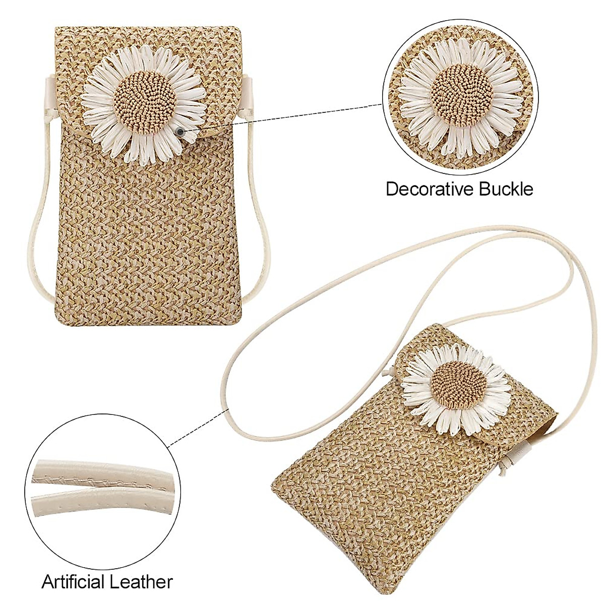 Soleebee Boho One Shoulder Crossbody Phone Bag Small Shoulder Bag Mini Wallet for Women Storage Bag Woven Leather Trim Phone Bag Compatible with Multiple Phone Sizes, Daisy A