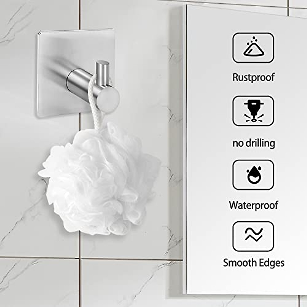 Adhesive Towel Hooks, Stainless Steel Shower Hooks 6 Piece Brushed Nickel Robe Hook Holder for Bathroom Bedroom Kitchen Hotel Cabinet