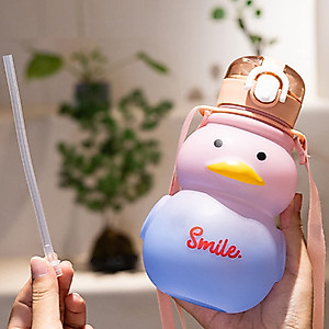 ZTGD Cute Water Bottle 650ml for Student,Lady,Kid,Kawaii Leakproof Duck Water Cup with Straw Lock Design Suspender One Key Open and Transparent Lid Pink