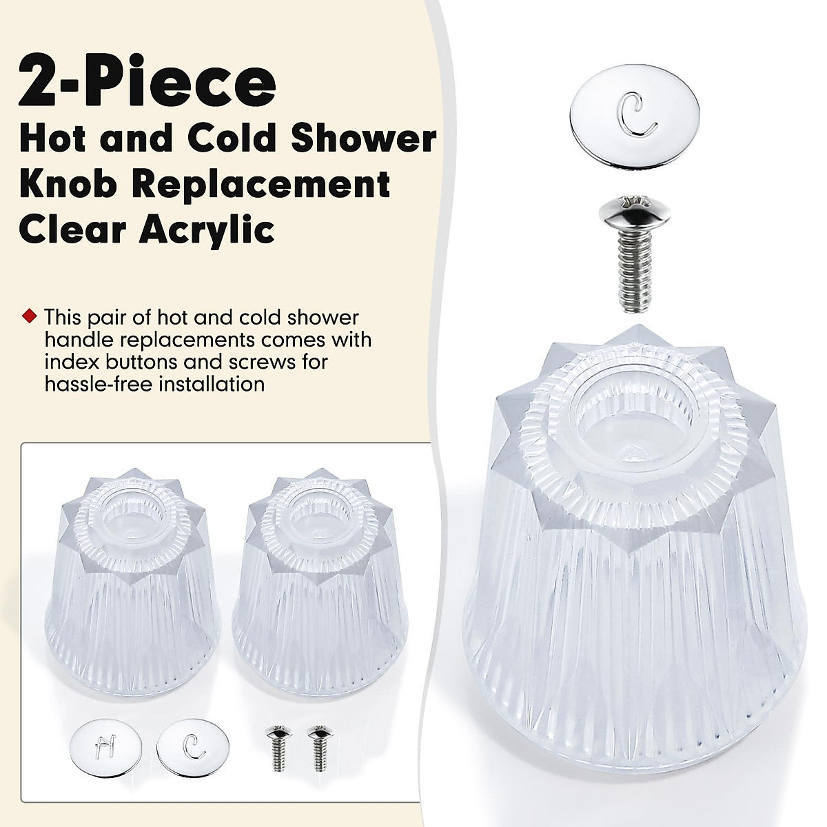 Shower Knob Replacement, Handle Replacement Compatible with Price Pfister Contessa and Windsor Tub and Shower Faucets,Hot and Cold Sink Faucet Knobs Handle Replacement Parts,Clear Acrylic