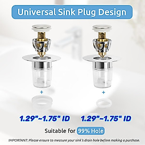 2 Pack AIHAOMAI Universal Bathroom Sink Stopper in Brass,1.29-1.75 Inch Pop Up Basin Sink Drain Stopper, Sink Drain Strainer with Anti Clogging Filter Hair Catcher