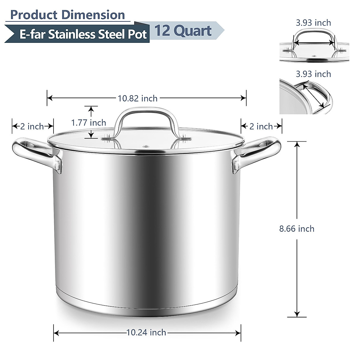 E-far 12 Quart Cooking Stock Pot, Large Stainless Steel Pot for Canning Simmering Stewing, Heavy Duty Cookware with Tri-ply Base for Induction Gas Stoves, Soup Pot with Glass Lid, Dishwasher Safe