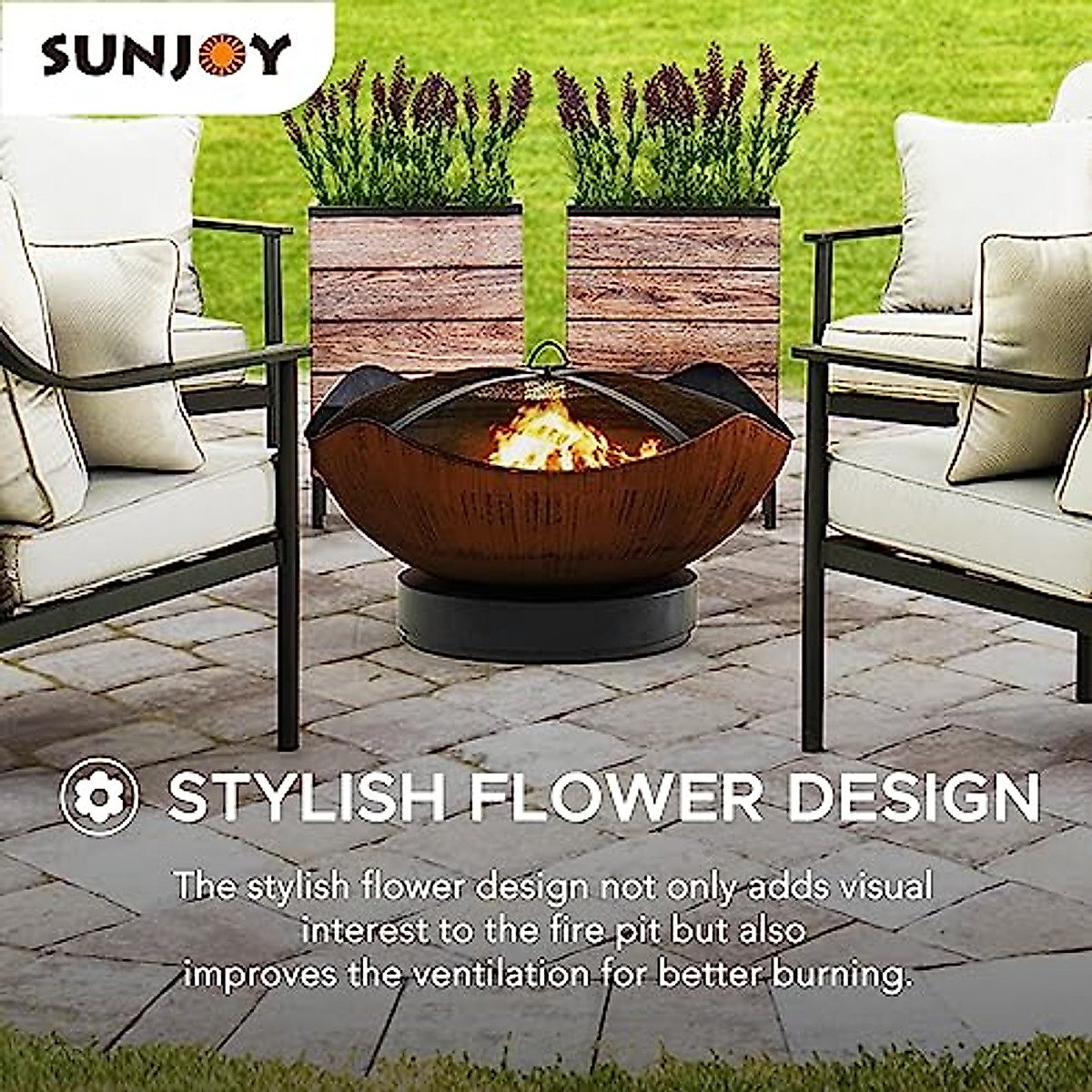 Sunjoy 34 Inch Fire Pits for Outside Large Size Outdoor Patio Round Bowl Shaped Copper Wood Burning Steel Fire Pit with Spark Screen and Poker by AmberCove
