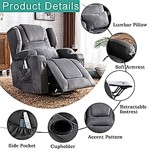 SAMERY Power Recliner Chair with Massage and Heat Velvet Electric Reclining Ergonomic Lounge Sofa Lift Chair for Elderly/Adult/Pregnant with USB Port, Pockets & Lumbar Pillow Living Room