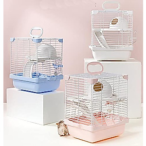 Misyue Dwarf Hamster Travel Portable Carrier Cage 2-Floors Syrian Hamster Home House Rodent Habitat Cage for Dwarf Hamster,Ferrets, Gerbil(Light Pink)