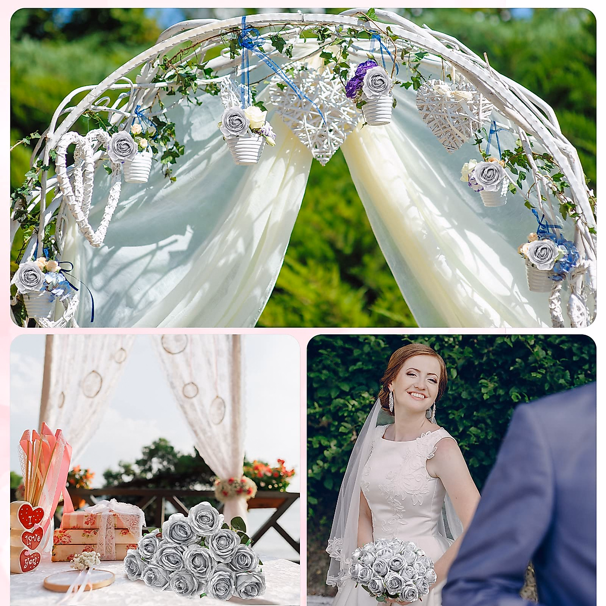 50 Pcs Artificial Rose Flower Realistic Silk Roses with Stem Bouquet of Flowers Plastic Flowers Real Looking Fake Roses for Home Wedding Centerpieces Party Decorations (Silver)