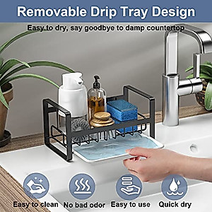 Kitchen Sink Caddy Sponge Holder, 304 Stainless Steel Sink Tray Drainer Rack, Soap Brush Dispenser, Countertop or Adhesive Sponge Holder Organizer for Sponge Dish Brush Soap with Removable Drain Tray