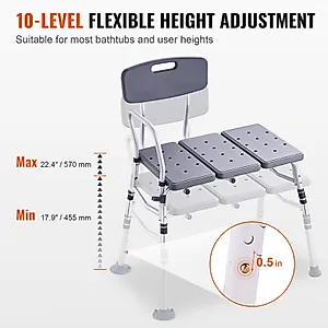 VEVOR Tub Transfer Bench for Bathtub, Adjustable Shower Seats for Adults, Lightweight Shower Bench for Elderly and Disabled, Non-Slip Bath Seats with Armrest and Reversible Backrest, 400lbs Capacity