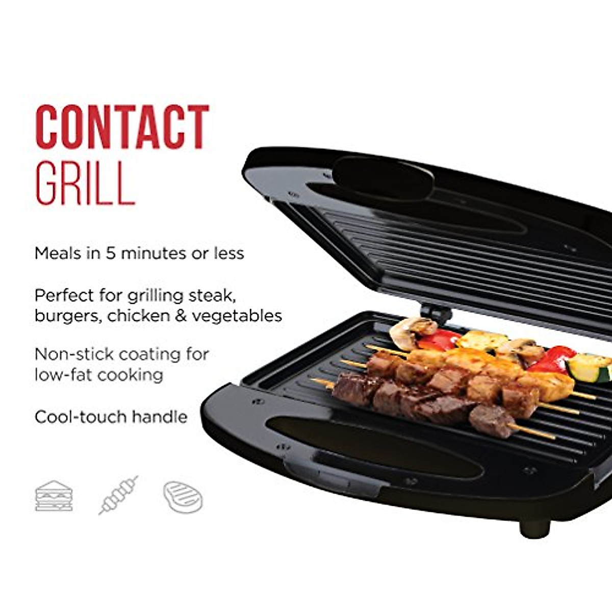 Chefman Electric Contact Grill Griddle, Indoor Dual Closed Sandwich Maker with Nonstick Plates & Cool Touch Handle, For Kitchen & Countertop, 2 Serving, Compact, Black
