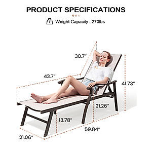 Crestlive Products Aluminum Adjustable Chaise Lounge Chair Five-Position and Full Flat Outdoor Recliner All Weather for Patio, Beach, Yard, Pool (1PC Beige)