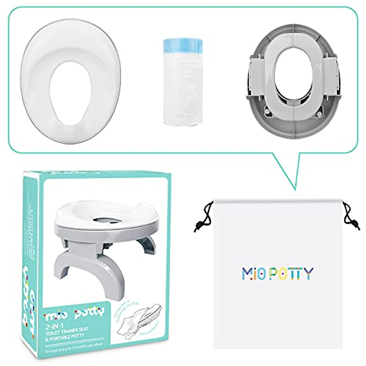 BATTOP Portable Potty for Toddler Travel Potty Training Seat Kids 2-in-1 Potty Chair Foldable Toilet Trainer with Potty Liners and Carry Bag (2-in-1 Potty seat) grey/white-2022