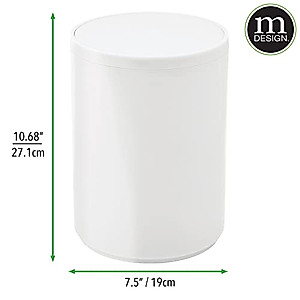 mDesign Plastic Small Slim Round 1.7 Gallon/6.5 Liter Trash Can with Removable Swing Lid - Wastebasket, Garbage Container Basket Bin for Master/Guest Bathroom - Holds Rubbish/Recycle - White