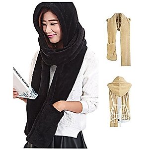 Maleroads 3 in 1 Women and Men Hooded Scarf With Mittens Neckwarmer Hoodie Pocket Hat (thicker, black2)
