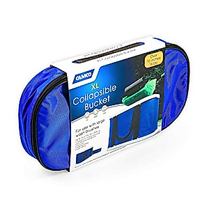 Camco Rectangular Collapsible Wash Bucket with Zippered Storage Case-Ideal For Large Wash Brushes,Perfect For Car,Truck,Boat and RV Washing-Holds 5 Gallons (42973),Blue and White,One Size
