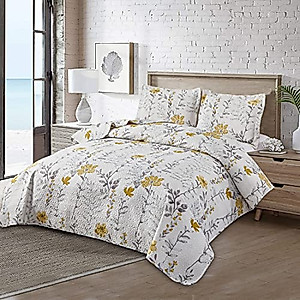 Quilt Set Queen Floral Bedspread Coverlet Queen Floral Quilts Bedding Spring Summer Lightweight Quilts Bedspread Reversible Bedding Grey Leaf Yellow Floral Quilt Collection Bedspread with Pillow Shams
