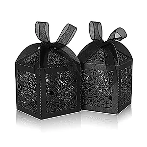 DOYIDE 50pcs Laser Cut Favor boxes, Wedding Favors Candy Boxes with Ribbons and Tags, Small Gift Boxes for Wedding,Party,Baby Shower,Bridal Shower (50-2x2x2.76, Black)