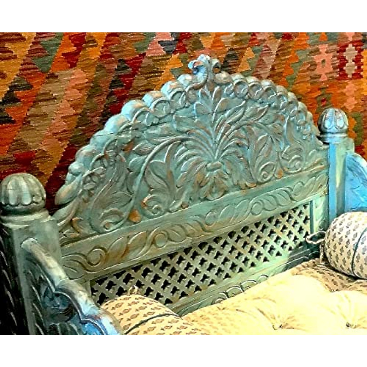 Carved Jhula Arch Love Seat. Hand Crafted from Solid Mahogany Wood. Designed & Imported by Worldcraft (Blue Percentage Finish, Love Seat: 34Dx33Wx42H)