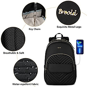 Breold Womens Laptop Backpack,Stylish Work Business Backpack for Travel,Large Capacity Computer Backpack for 15.6 Inch,Back Pack School College Bookbag with USB Charging Port,Casual Daypack,Black…