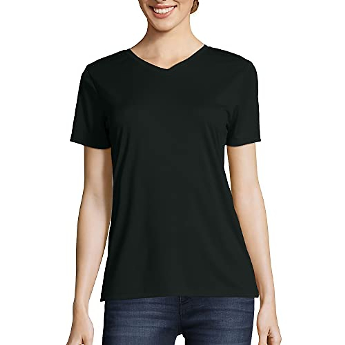 Hanes Sport V-Neck T-Shirt, CoolDRI Short Sleeve Tee for Women, Moisture-Wicking, Black, Medium
