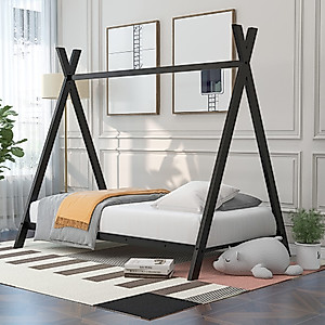 AOCOROE Metal Twin Bed Frame for Boys and Girls,Montessori Twin Size Teepee Tent Design Floor Height Platform Bed House Bed Frame, No Box-Spring Needed