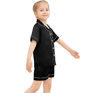 SWOMOG Kids Silk Satin Pajamas Set Girls Boys Button-Down Sleepwear Short Sleeve 2 Piece PJs Sets Lounge Sets Black 120 CM