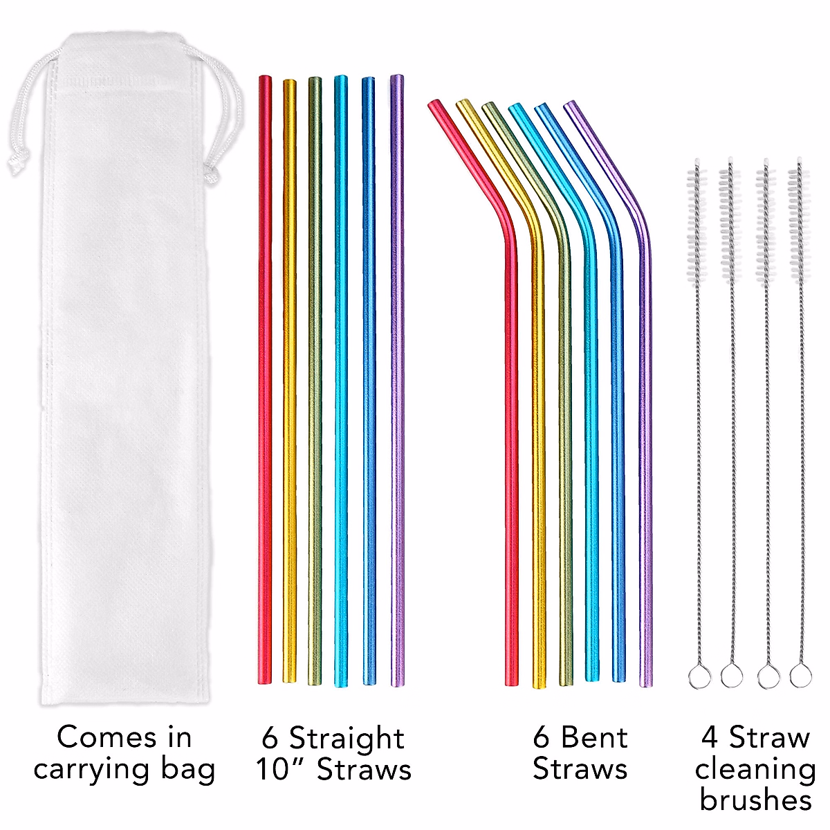 12 Pcs Reusable Metal Straws, Drinking Straws, Aluminum Straws, Smoothies Straws, Rainbow Colorful Straws for Party, Included Cleaning Brushes
