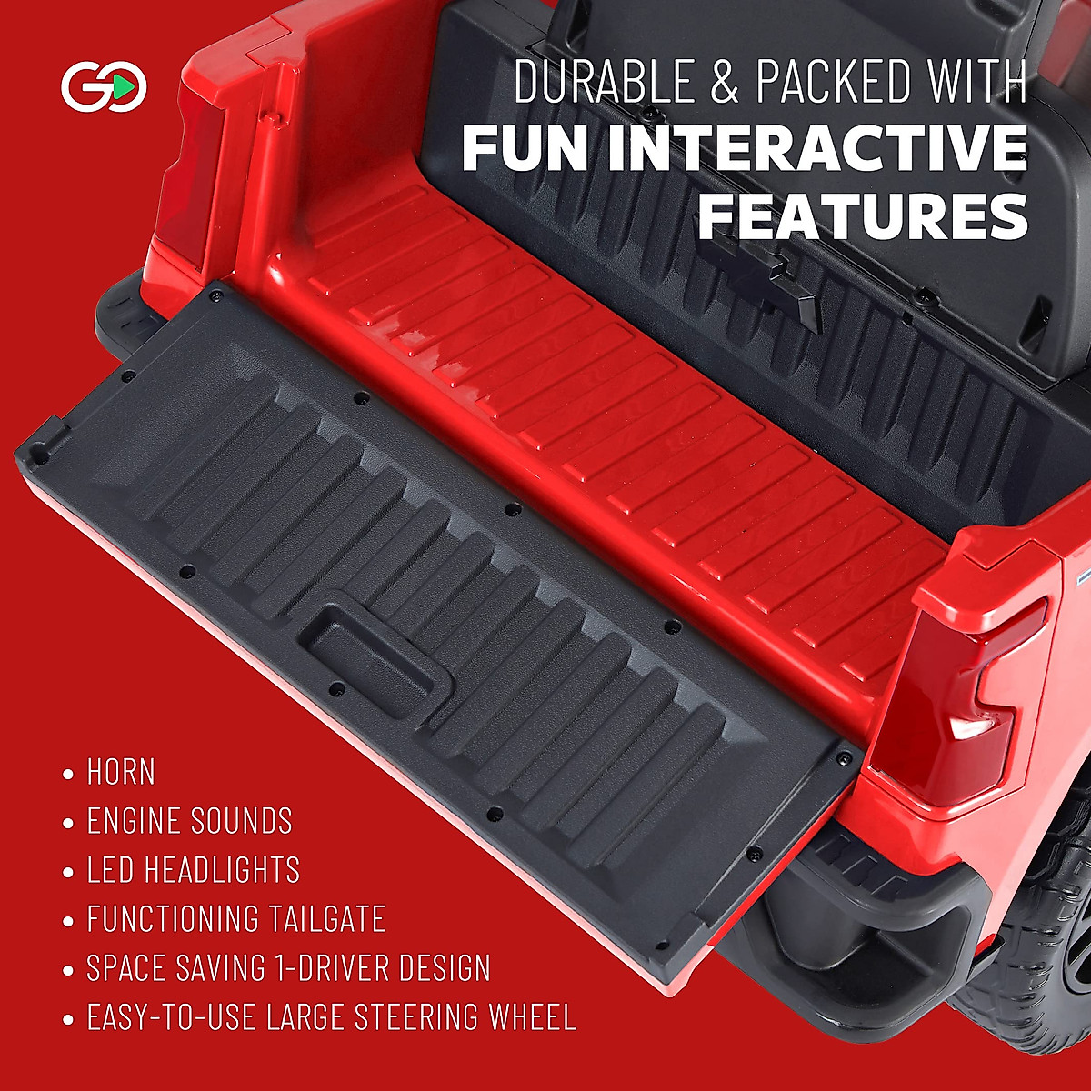 12V Chevy Silverado Ride On Truck with HIGH Speed Mode (5 MPH) & Parent Remote Control, Kid's Battery Powered Licensed Electric Vehicle, LED Lights, Real Tailgate, & Truck Sounds, by ReadyGO - Red